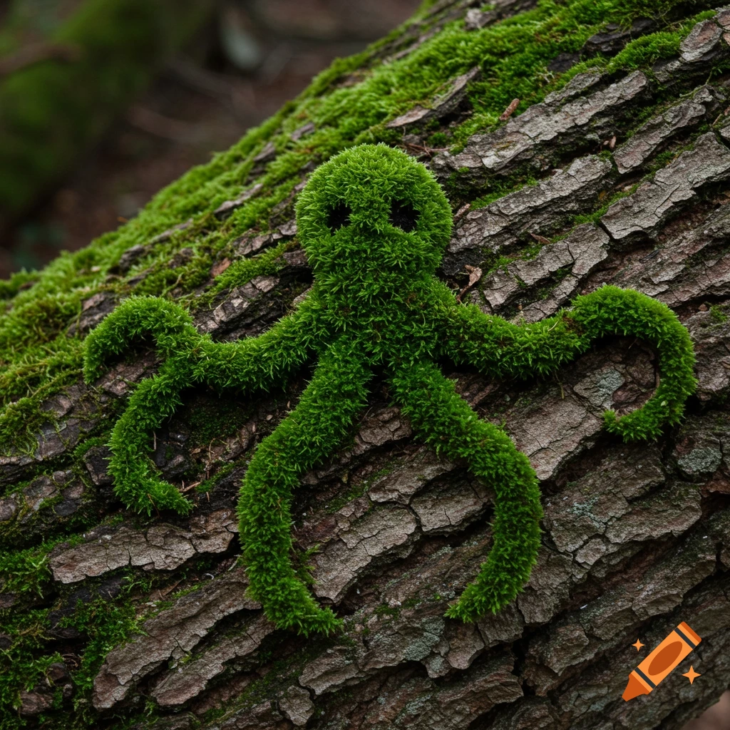 A vibrant green moss creature, resembling an octopus or alien, clings ...