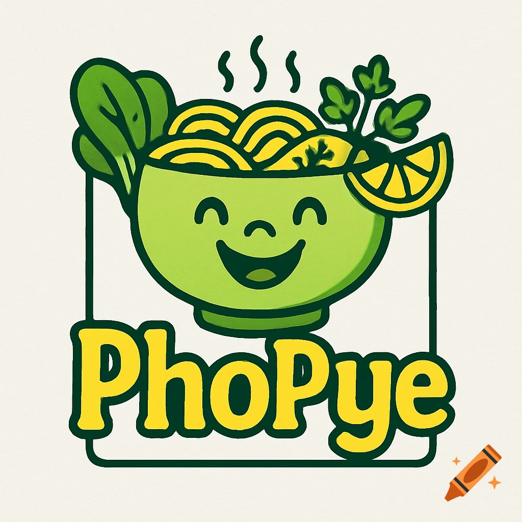 Cute cartoon logo of a smiling green bowl of pho with noodles, greens ...