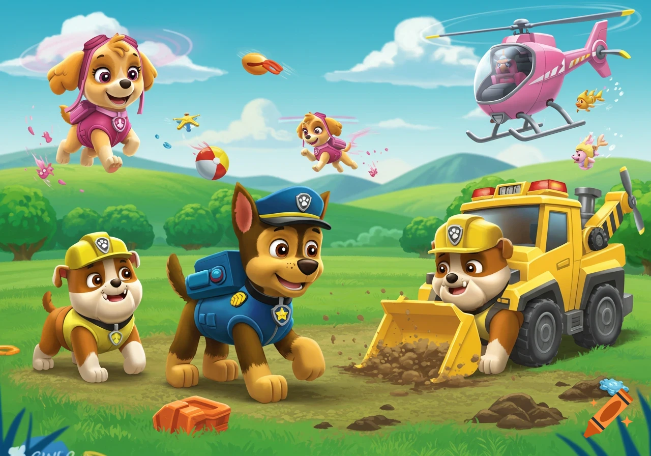 Paw Patrol puppies Chase, Rubble in a digger, and Skye flying a ...