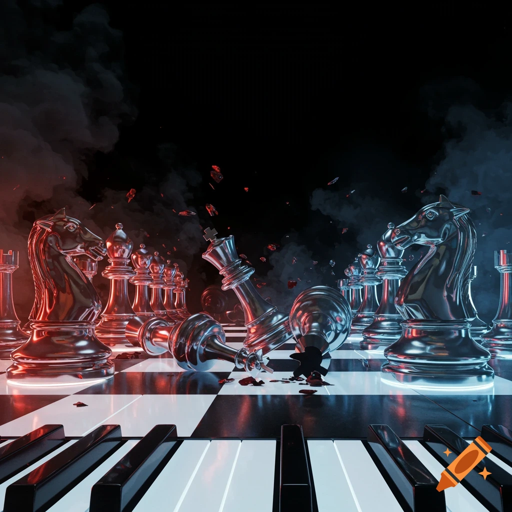 Dramatic digital art of a chaotic chess scene on a high-tech piano ...