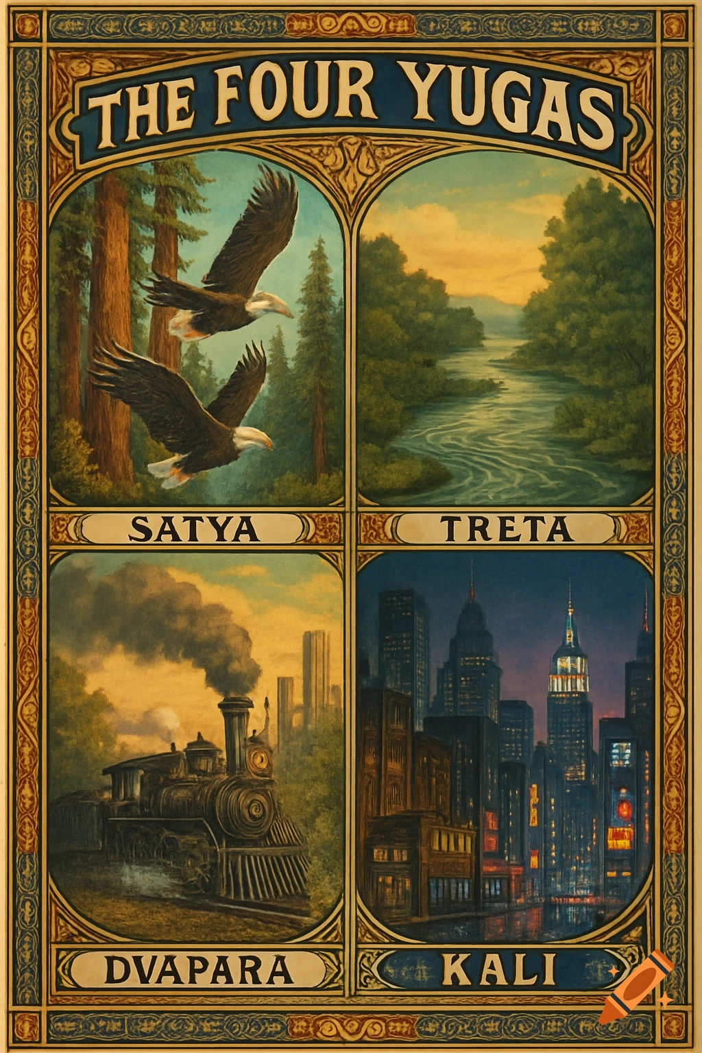 A vintage-style poster depicting the Four Yugas of Hindu mythology in ...