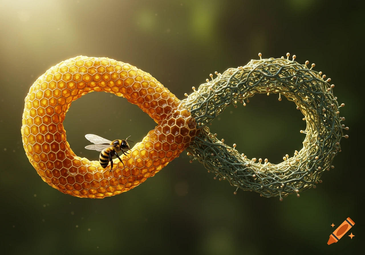A photorealistic infinity sign, one side honeycomb, the other branching ...