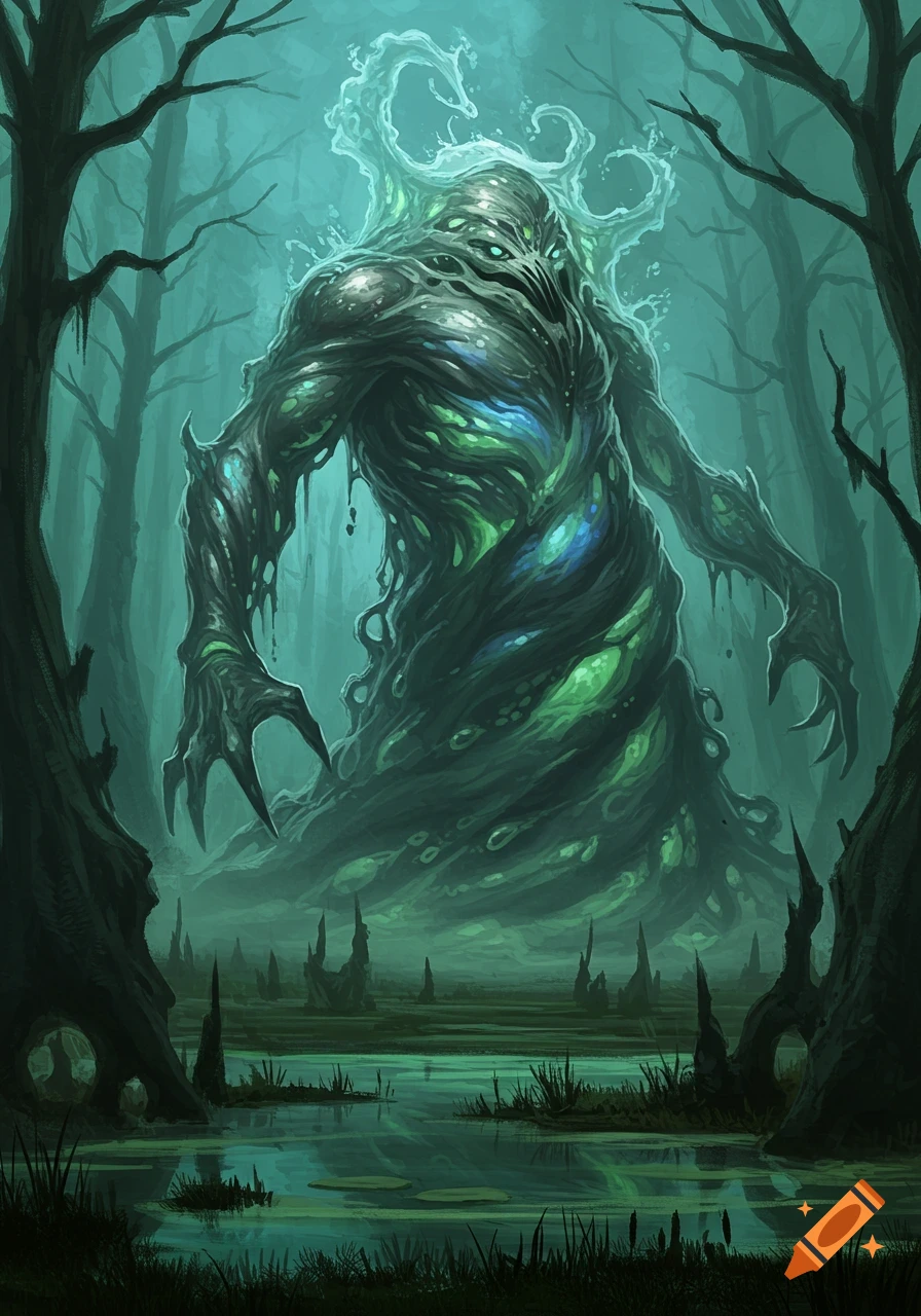 A large, glowing green and blue ooze monster stands in a dark, misty ...
