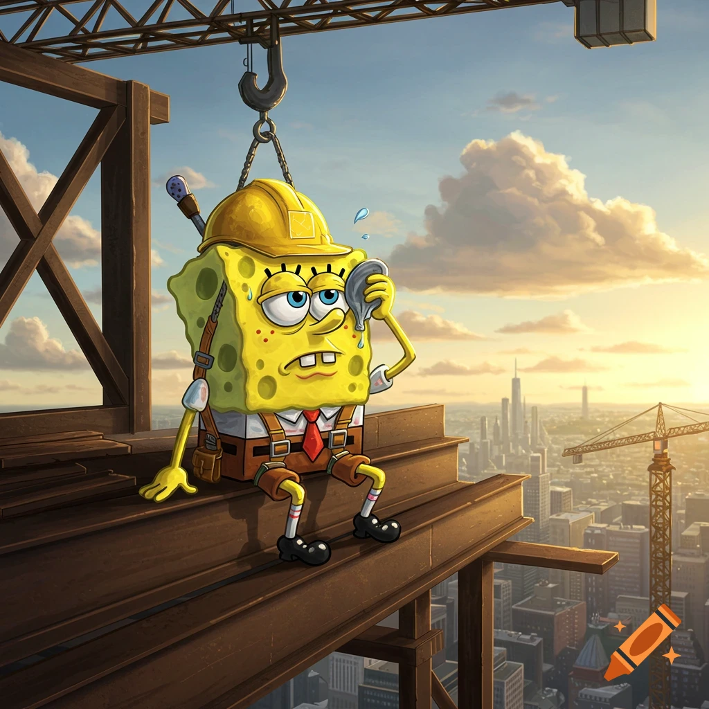 Spongebob Squarepants as a tired construction worker, sitting on a skyscraper beam overlooking a ...
