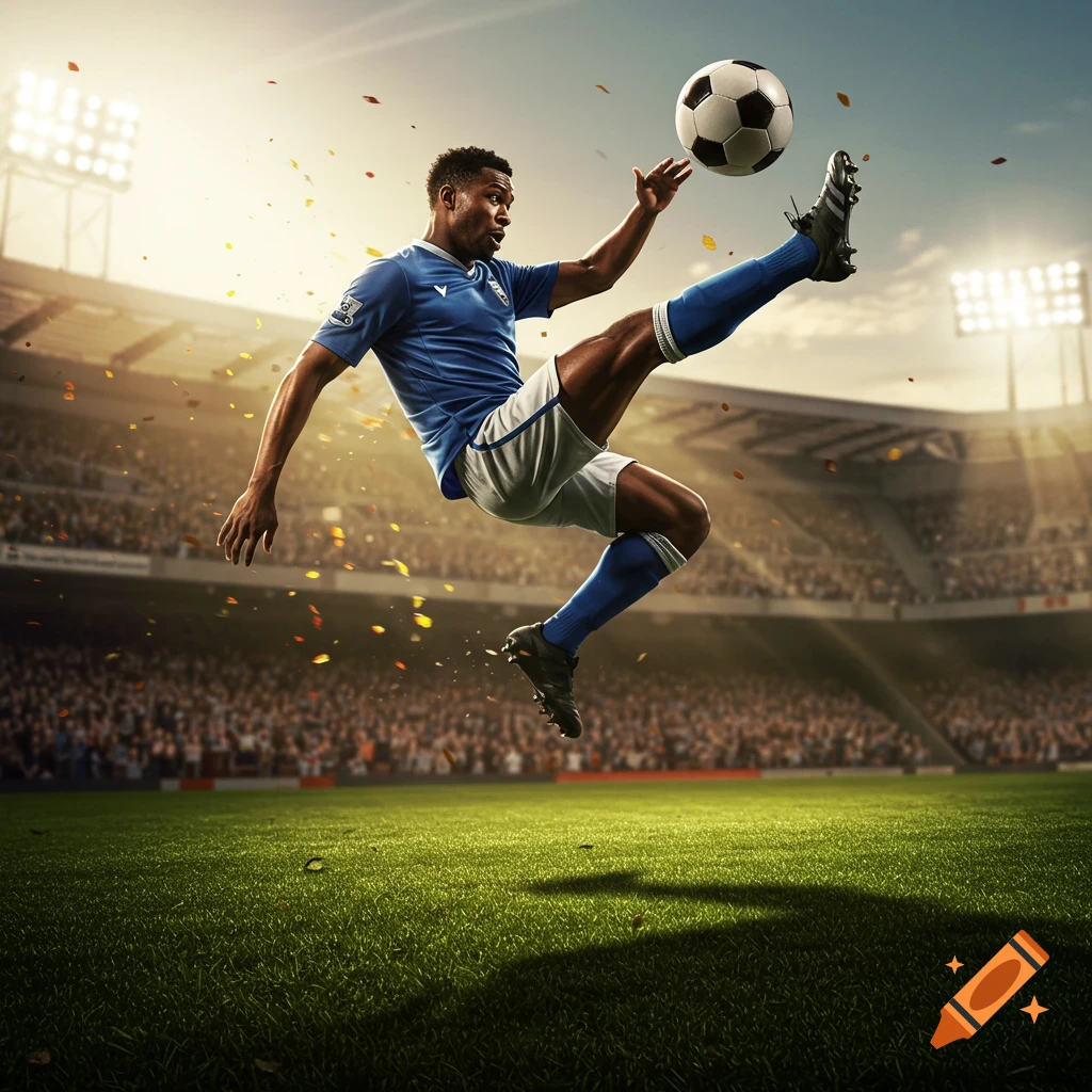 Photorealistic action shot of a soccer player's foot kicking a ball on ...