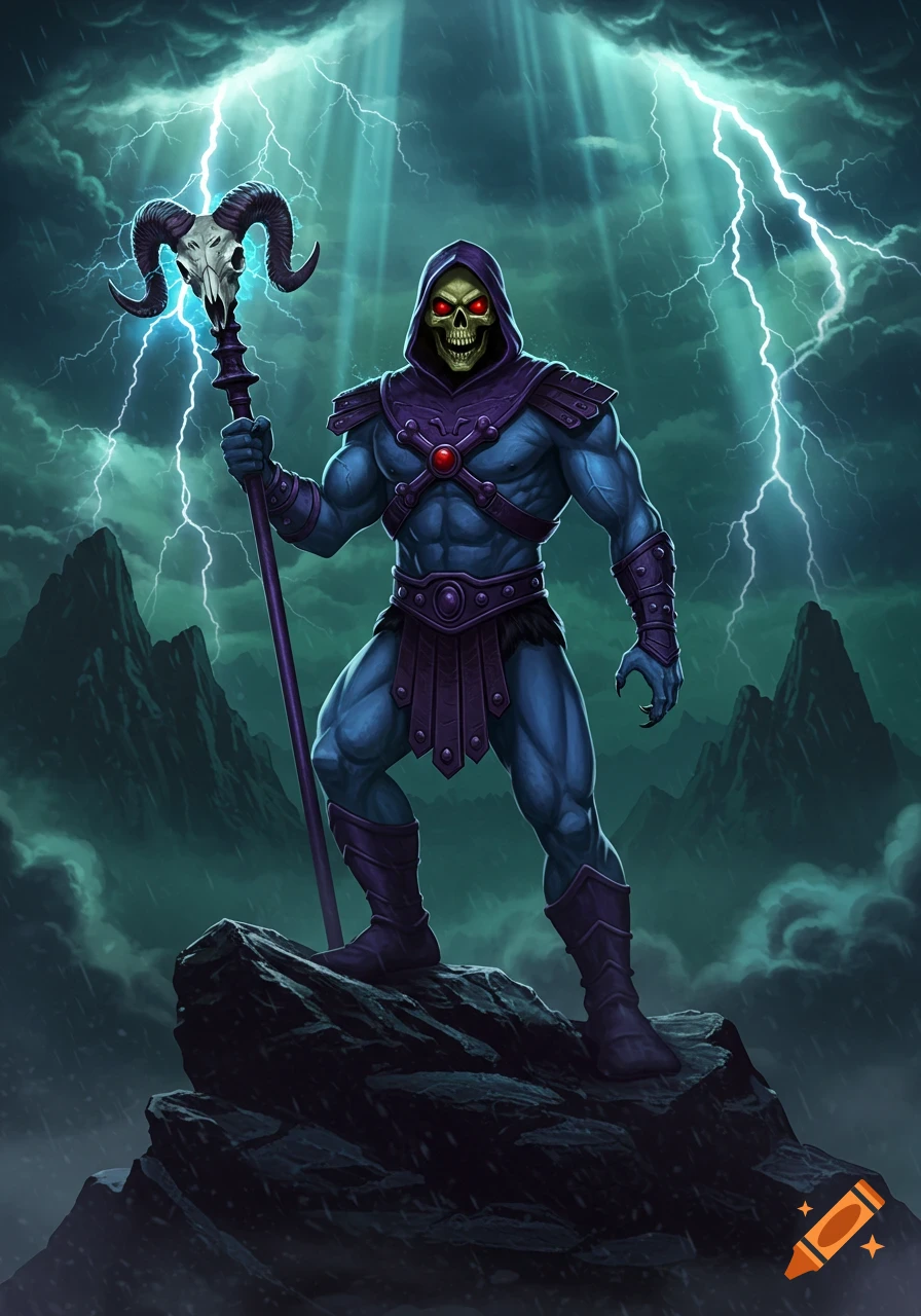 Skeletor, with red eyes and a skull-topped staff, stands on a rock ...