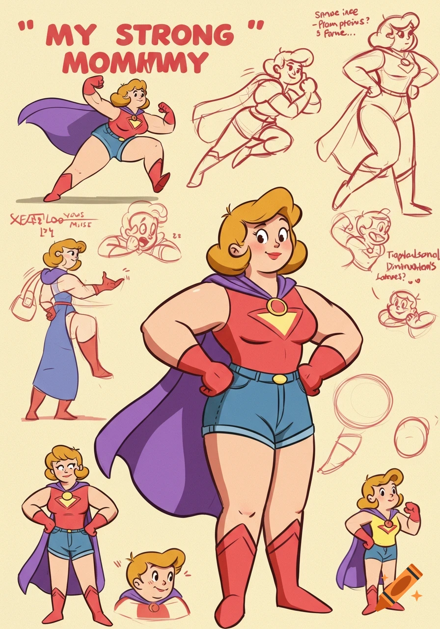 A cartoon model sheet featuring a muscular blonde female superhero in a ...