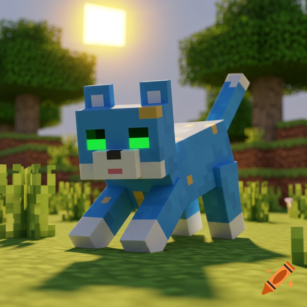 A blue blocky cat with green eyes and golden spots crouches in a ...