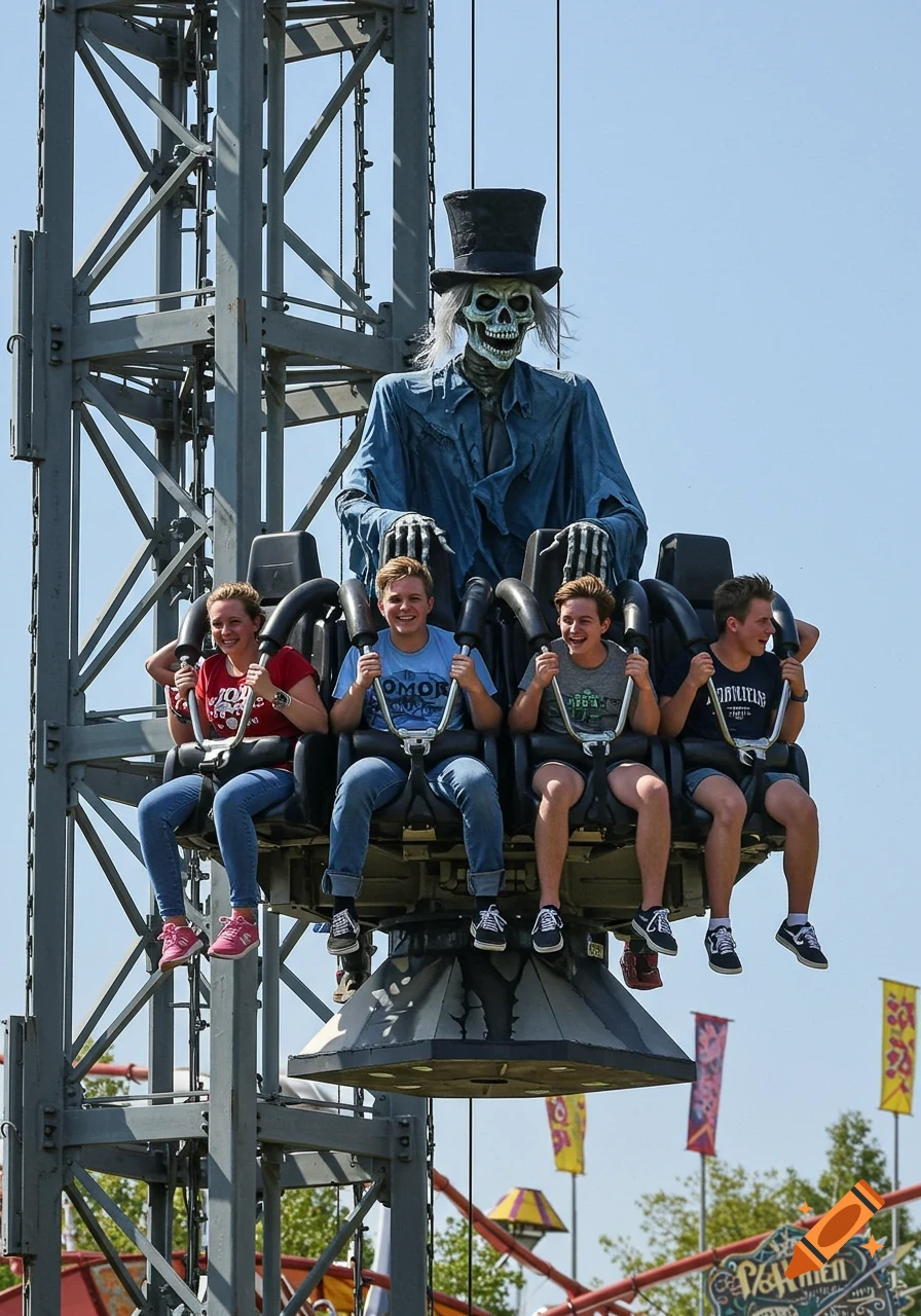 People riding a drop tower amusement park ride with a large skeleton ...