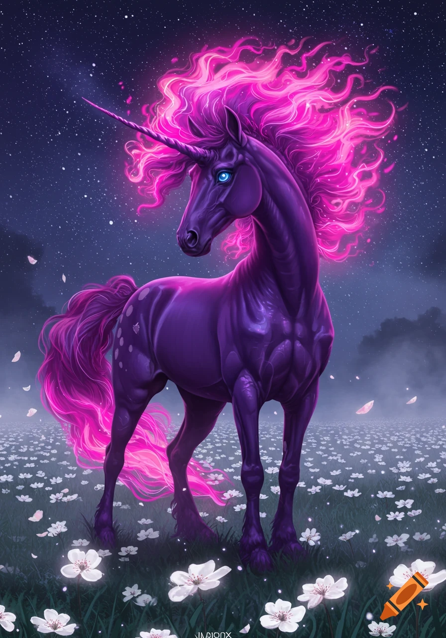 A majestic purple unicorn with glowing pink mane and tail stands in a ...
