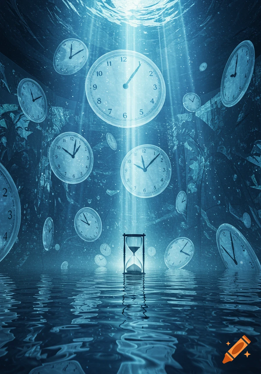 An hourglass on a calm water surface, surrounded by glowing clocks ...