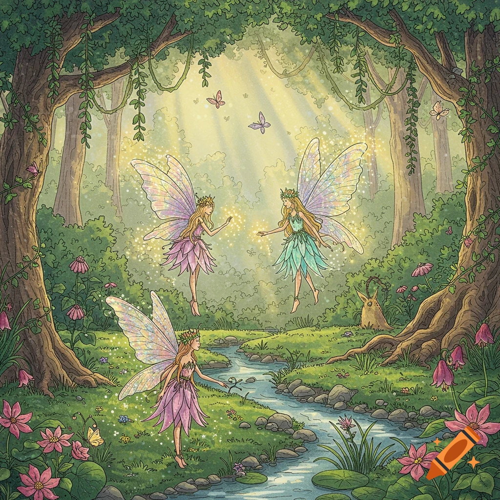 Three colorful fairies with iridescent wings fly and stand in an ...
