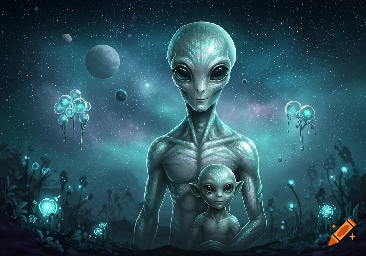 A grey alien in a dark, atmospheric room holds a lit joint, surrounded ...