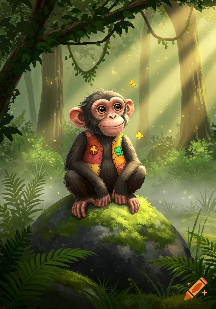 A stylized monkey with headphones sits on a ledge in a sunny Spanish ...