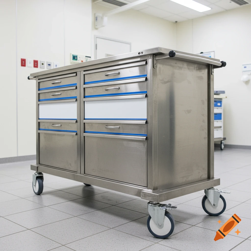Modern stainless steel medical case cart with white and blue accents in ...