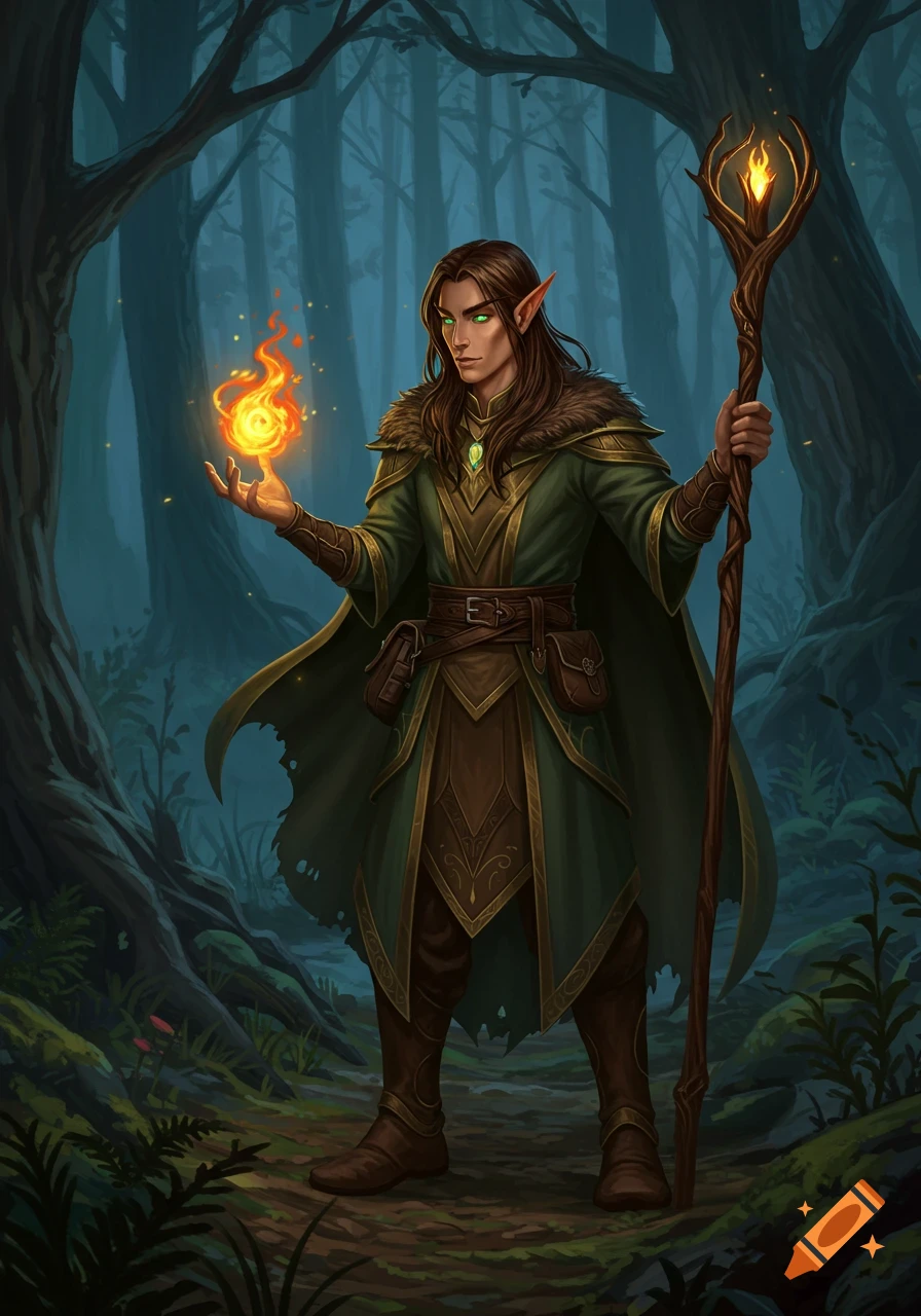 An elf-like character with pointed ears sits on a mossy rock in a ...