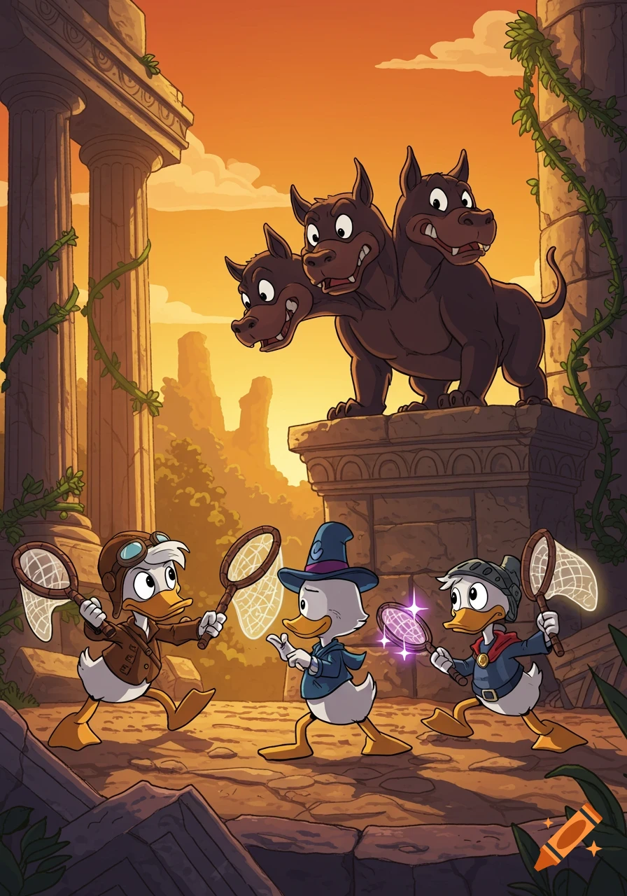 Three cartoon ducks, dressed for adventure, approach a surprised three-headed Cerberus in ...