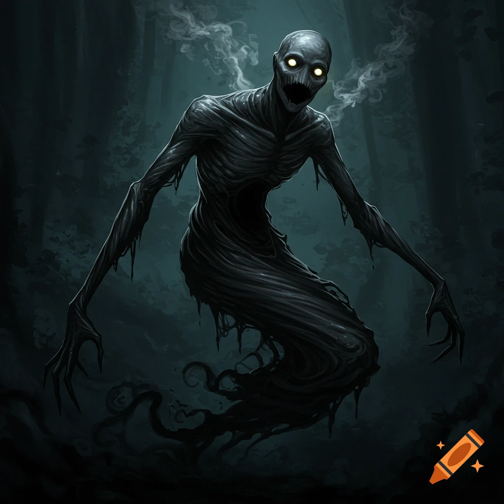 A creepy, gaunt, zombie-like creature with glowing yellow eyes, long ...
