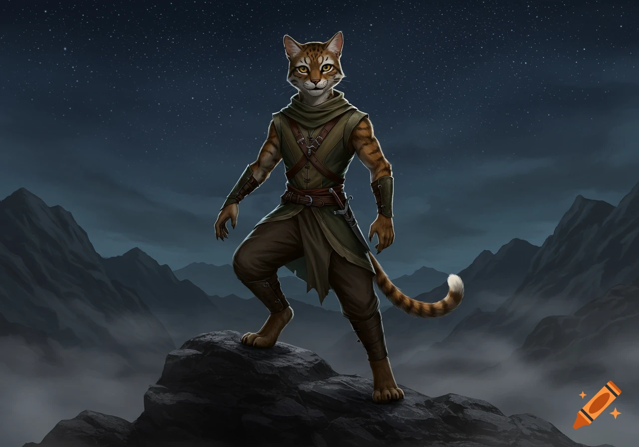 A majestic anthropomorphic lynx warrior wearing a green cloak stands in ...