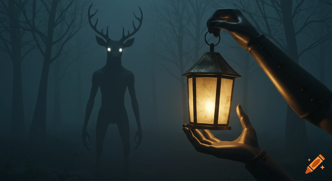 A spooky, dark McDonald's restaurant in a forest with a shadowy ...