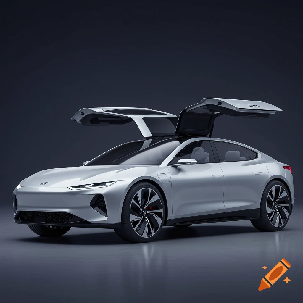 A silver futuristic electric car with falcon wing doors open, against a ...