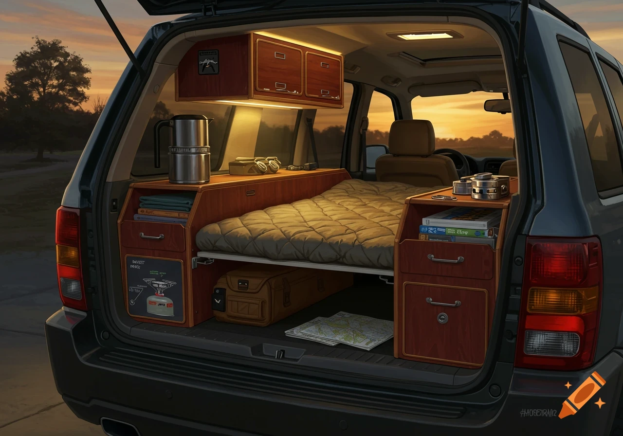SUV trunk converted into a cozy camper with a bed, wooden cabinets ...