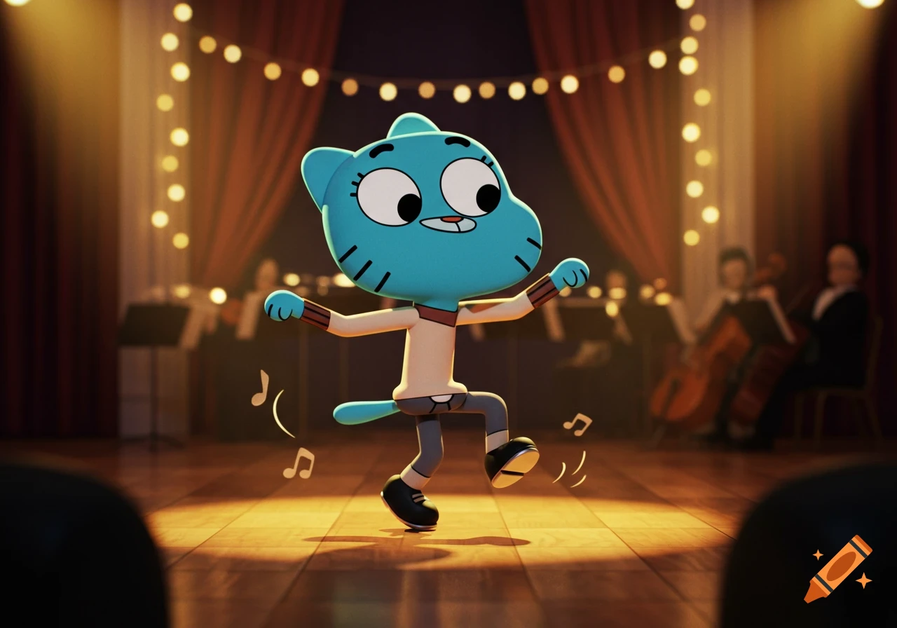 Gumball Watterson tap dancing on a spotlighted stage with an orchestra ...