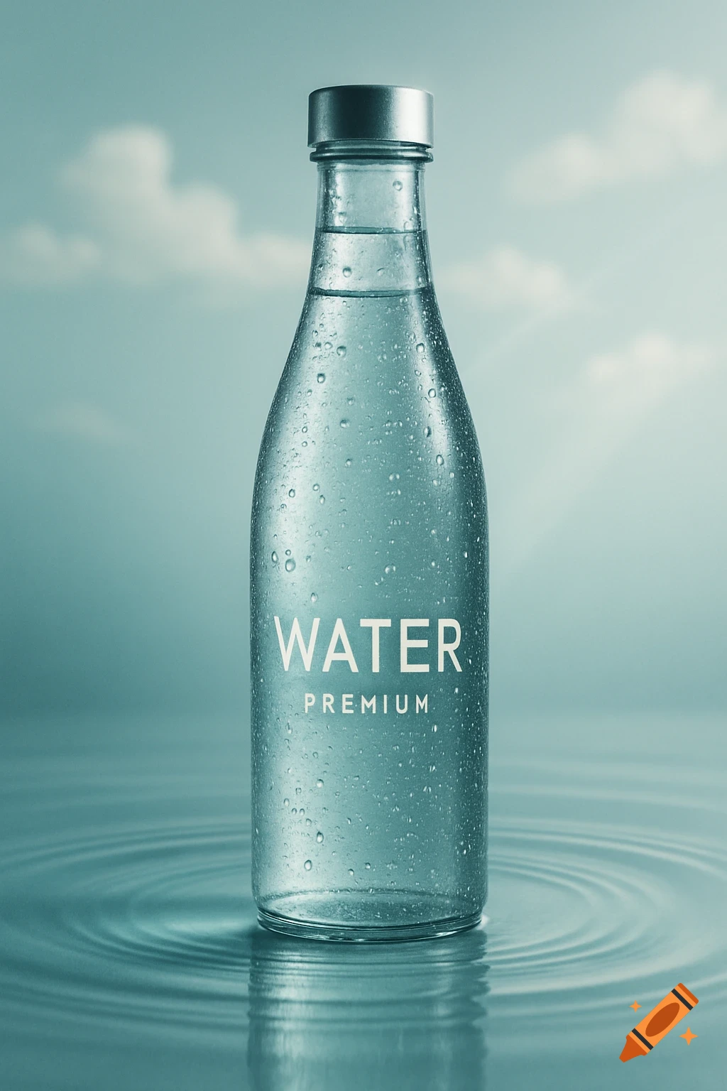 A clear water bottle with a mermaid tail design stands on a sandy beach ...