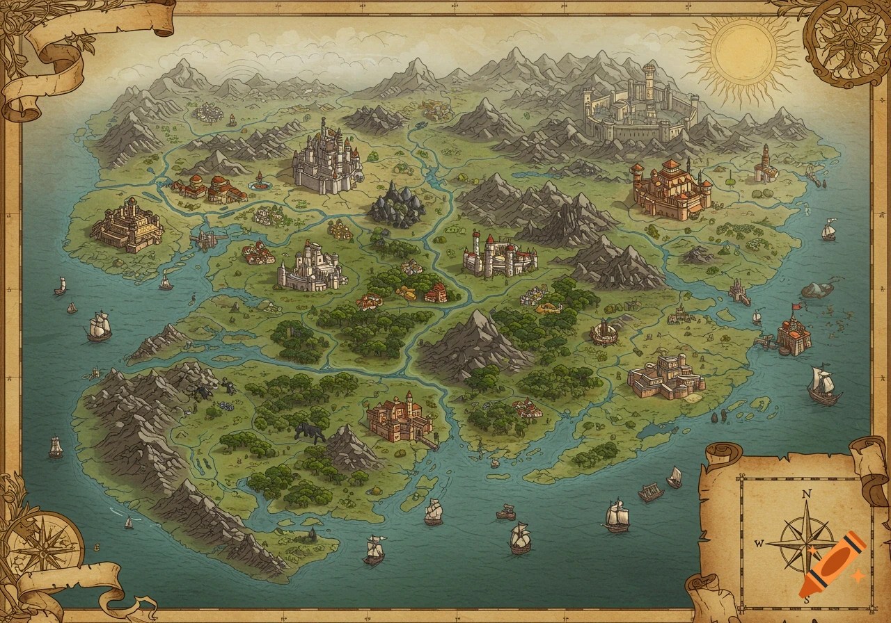 An intricate, hand-drawn fantasy world map featuring two continents ...