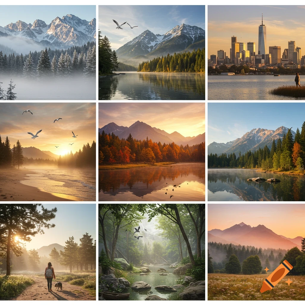 A collage of diverse photorealistic images, including a red rose, city ...