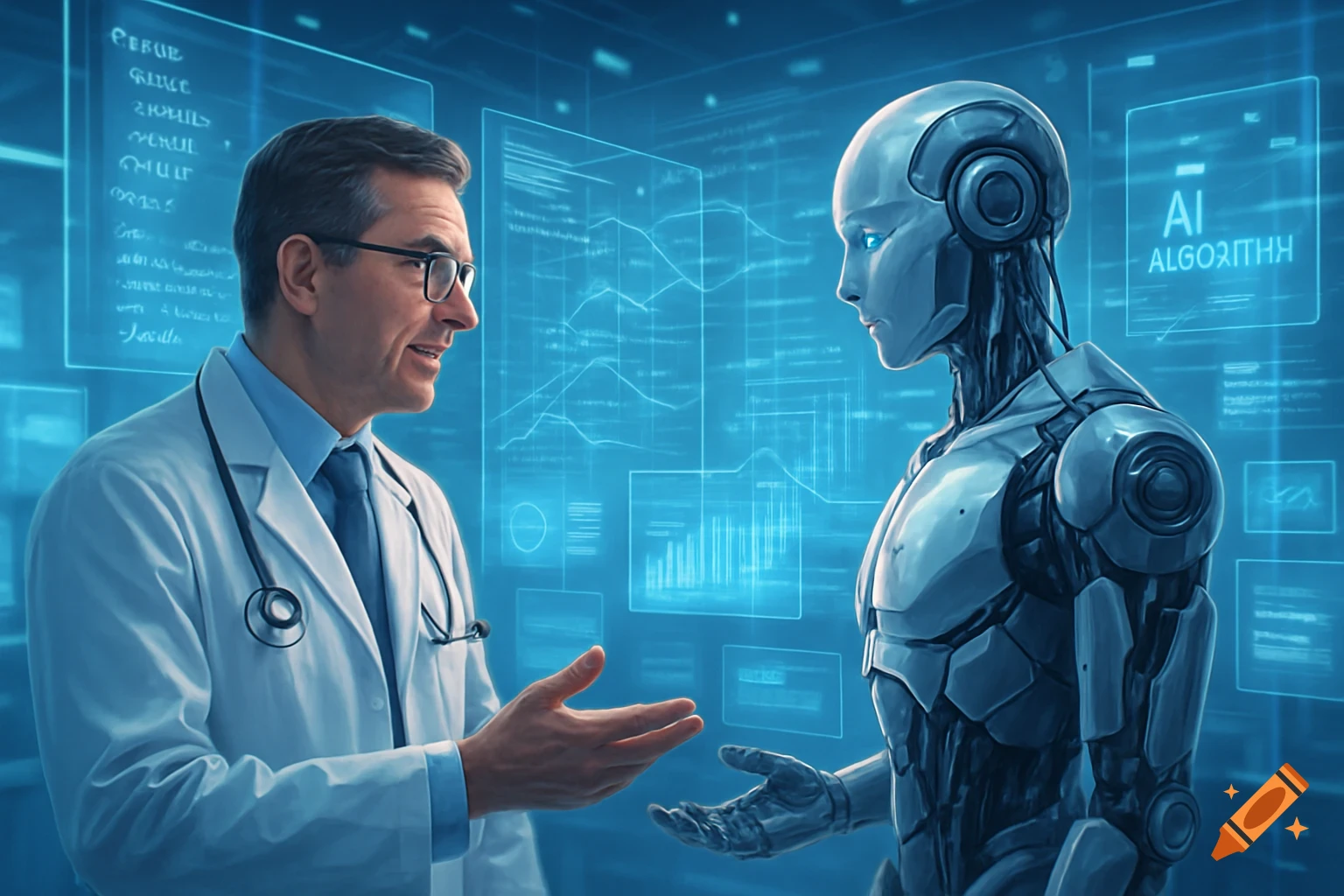 A doctor in a lab coat talks to a humanoid robot in a futuristic, blue ...