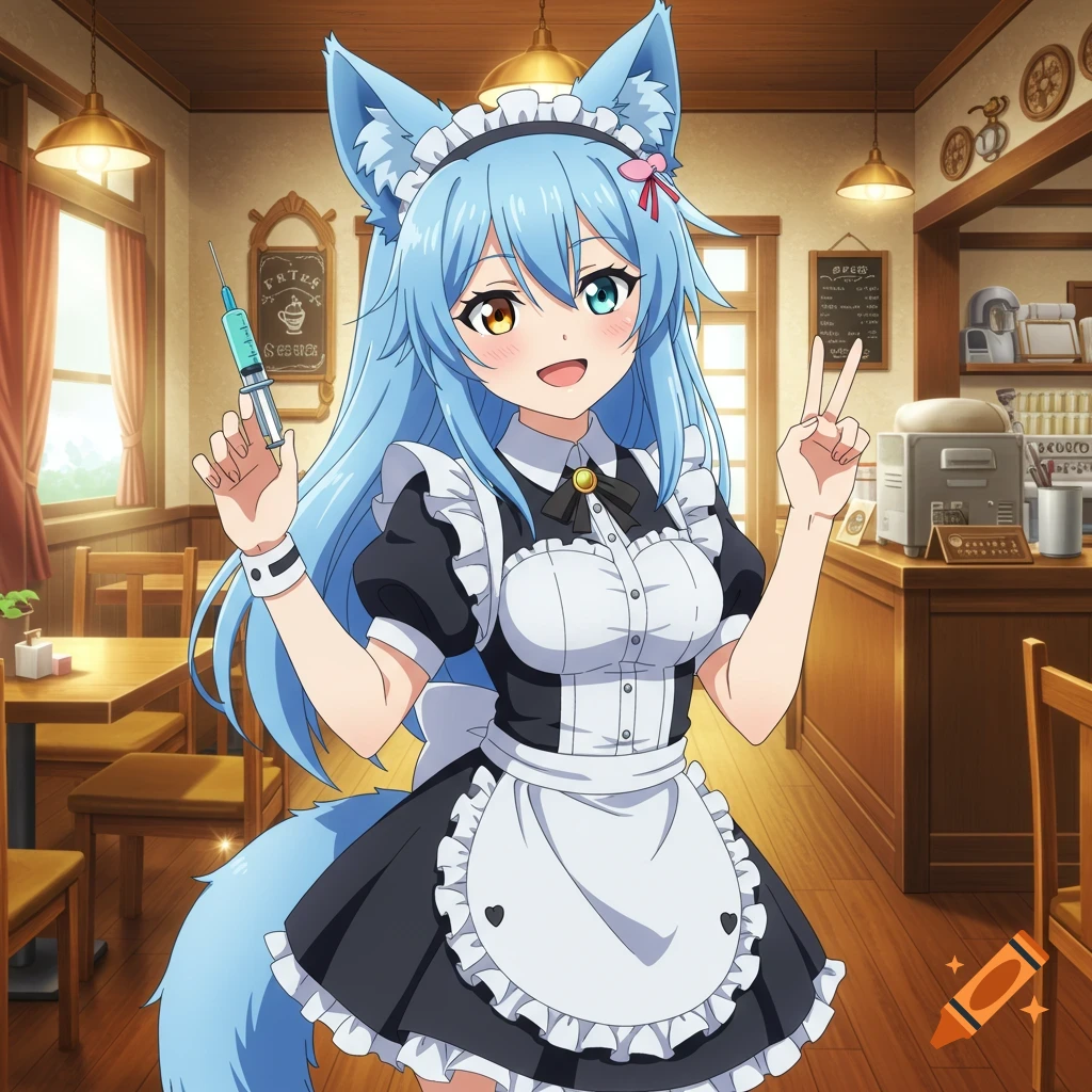An anime wolf-girl maid with blue hair, blue wolf ears, and tail ...