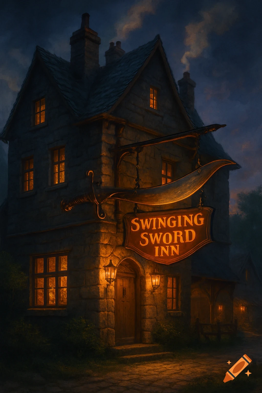 A glowing stone inn named 'Swinging Sword Inn' with a large scimitar ...