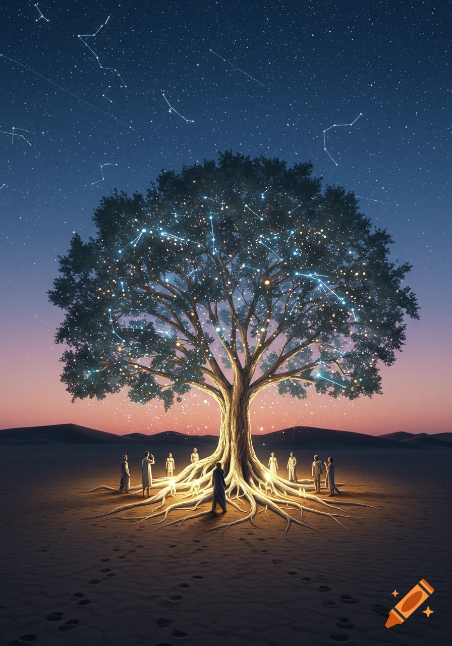 Mystical glowing tree with light roots and constellations in a barren ...