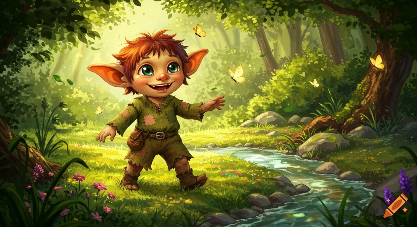 A happy, big-eared goblin-like creature with green eyes smiles ...