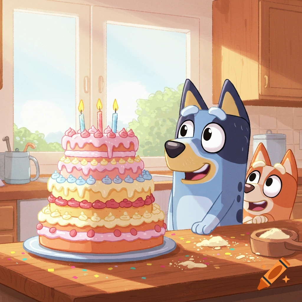 Bluey and Bingo cartoon dogs embracing in a colorful flowery meadow ...