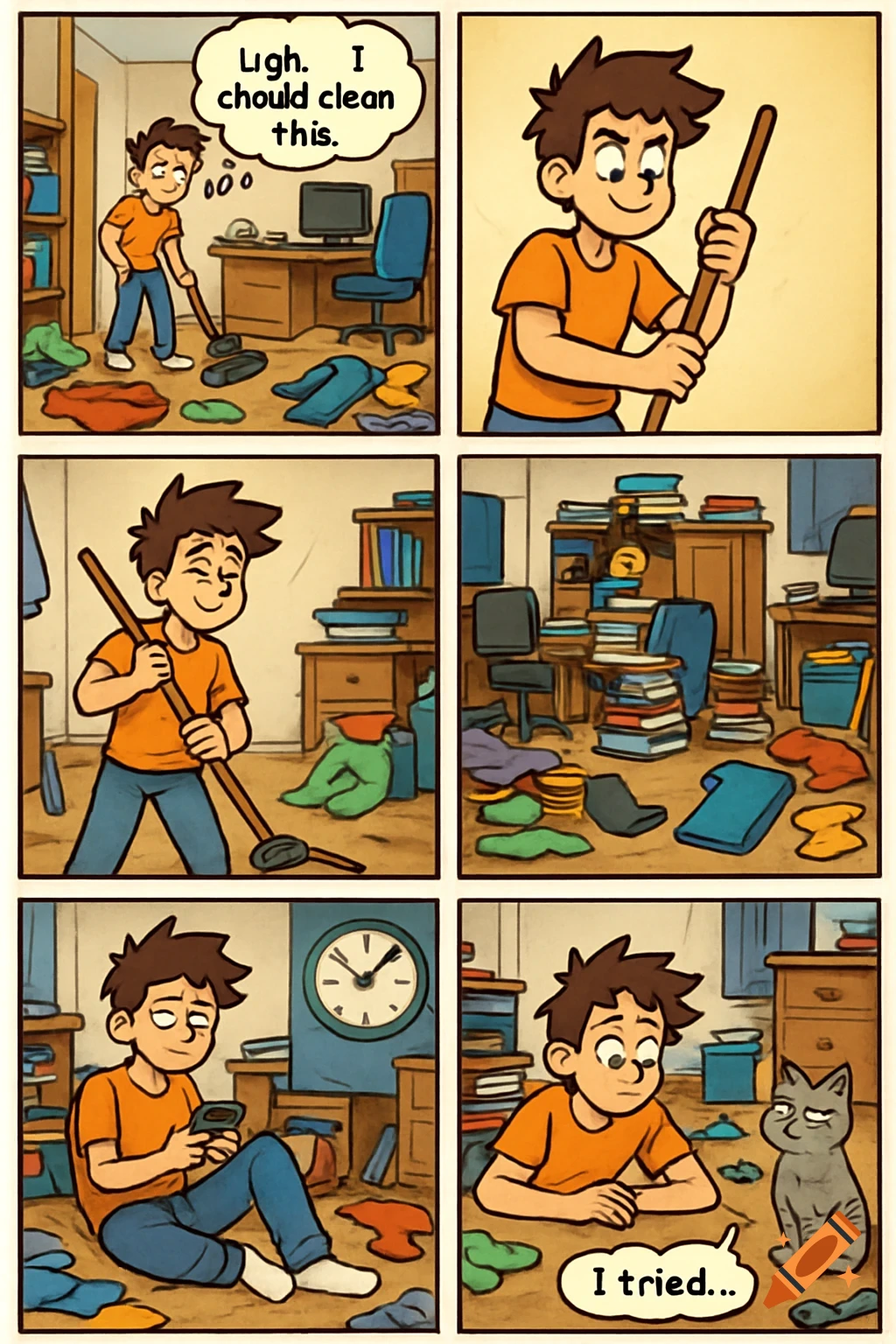 Cartoon comic: spilled juice, frantic mop, then a sparkling clean ...