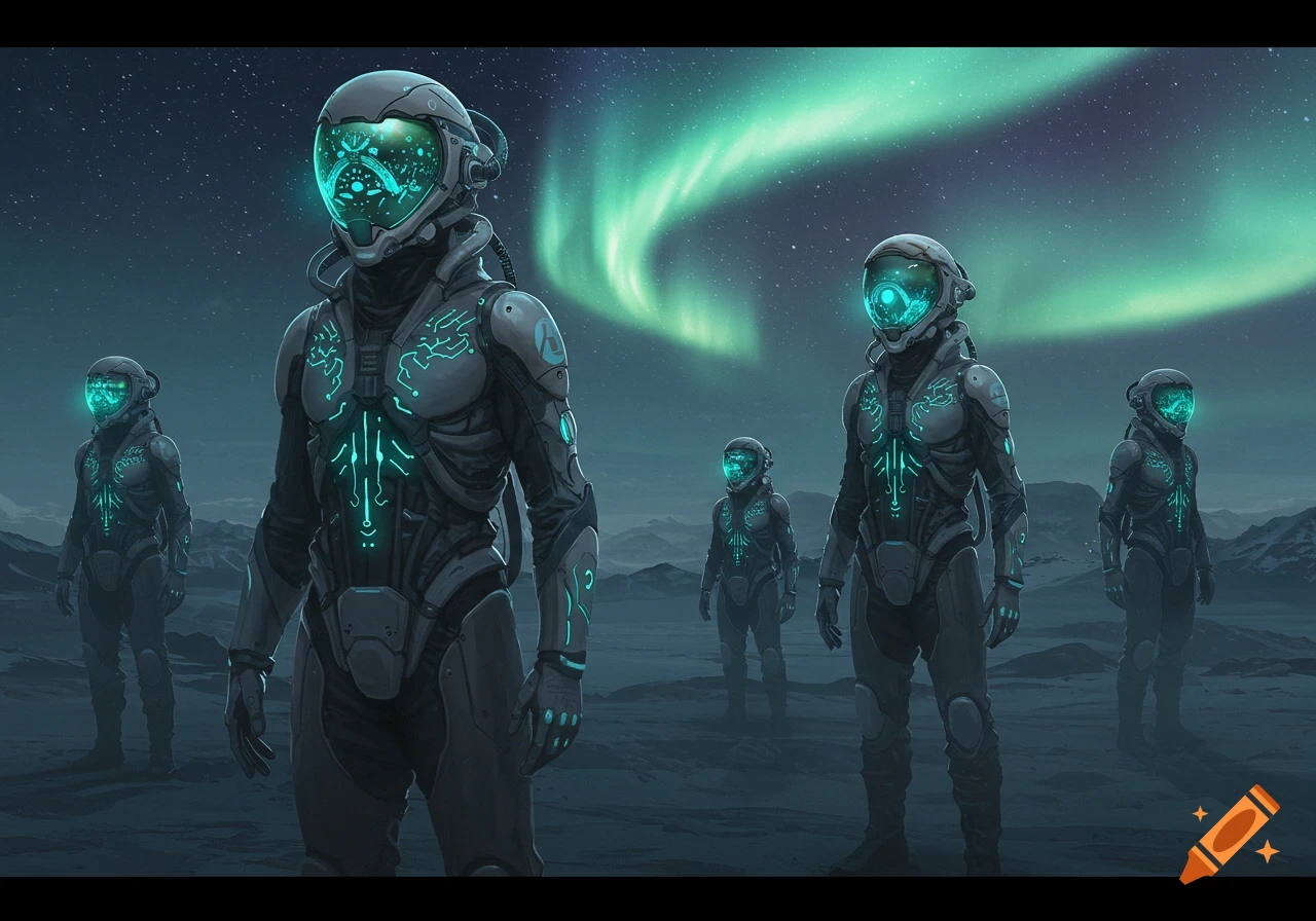 A robot, a grey alien, and a mechanical spider stand in an alien ...