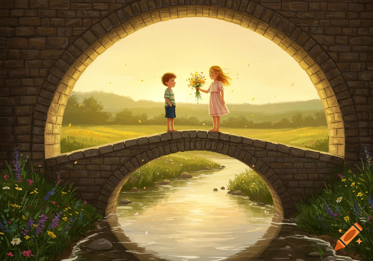 An illustration of a boy and girl meeting on a stone bridge over a ...