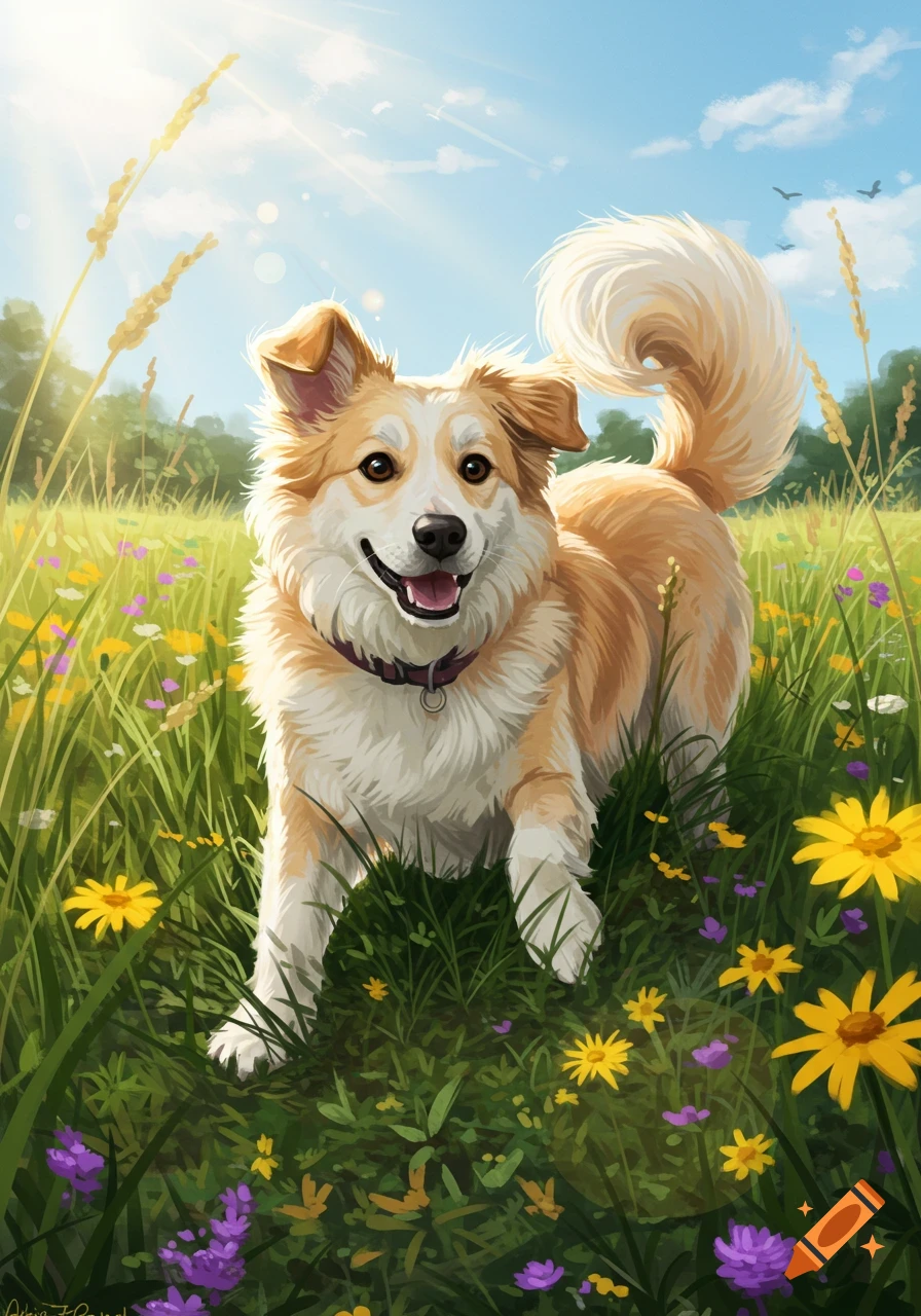 A scruffy cartoon terrier dog with an anxious expression tries to cross ...