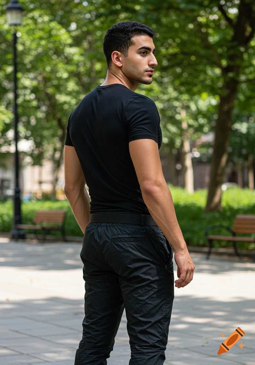 Young Middle Eastern man in black t-shirt and jogging pants, looking ...