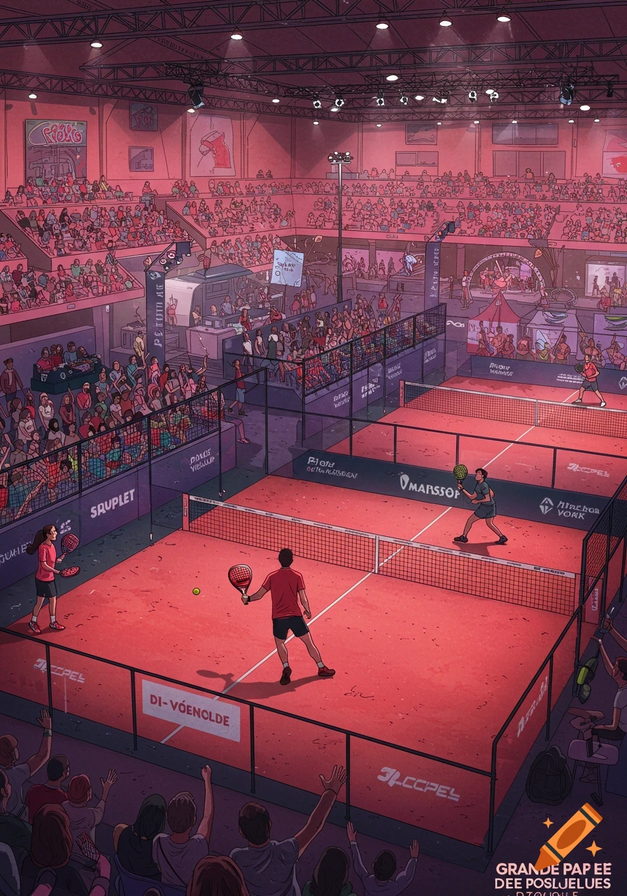 A modern indoor padel tennis court with glass walls, green artificial ...