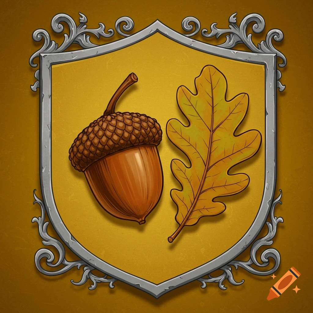 A medieval style coat of arms on a yellow background, featuring a ...