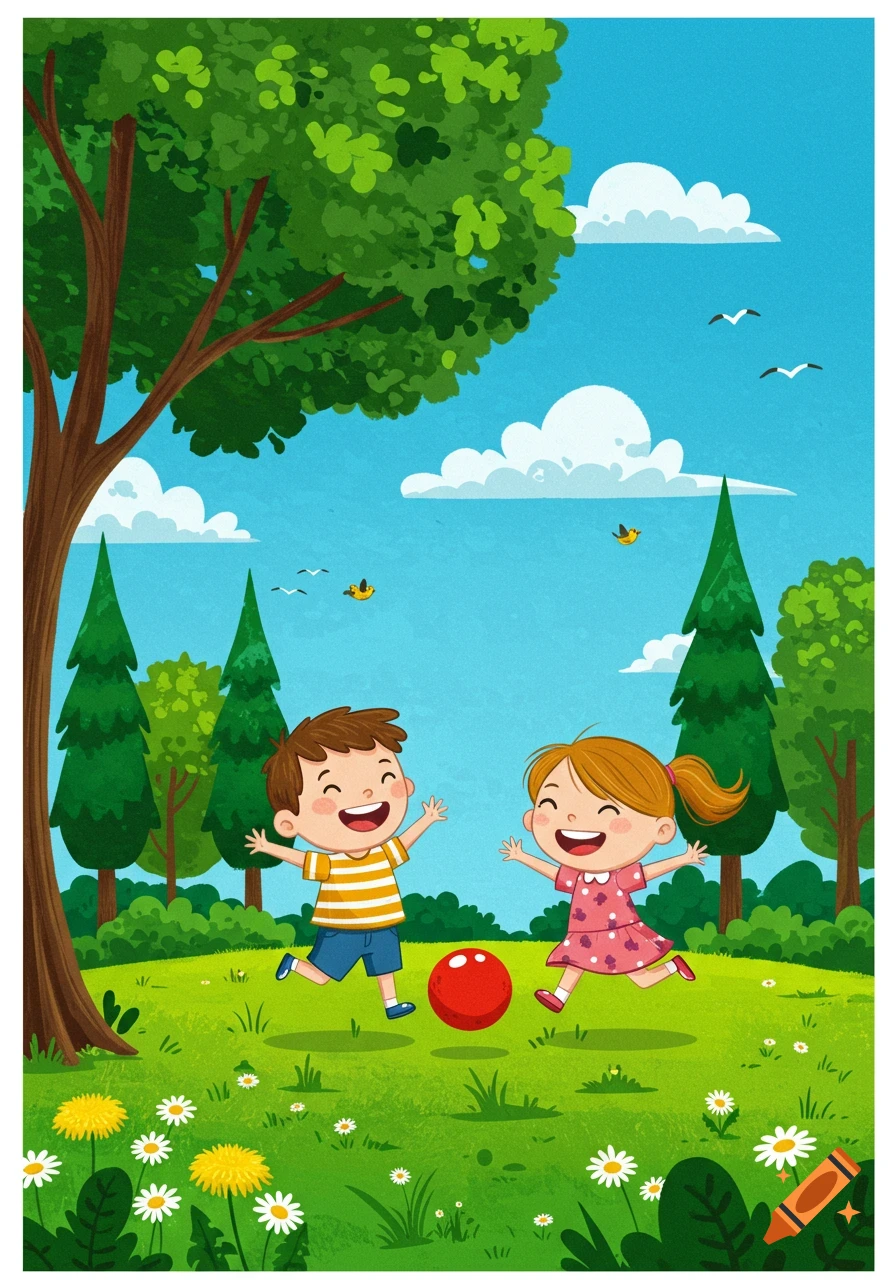 Two happy cartoon children playing with a red ball in a sunny park with ...