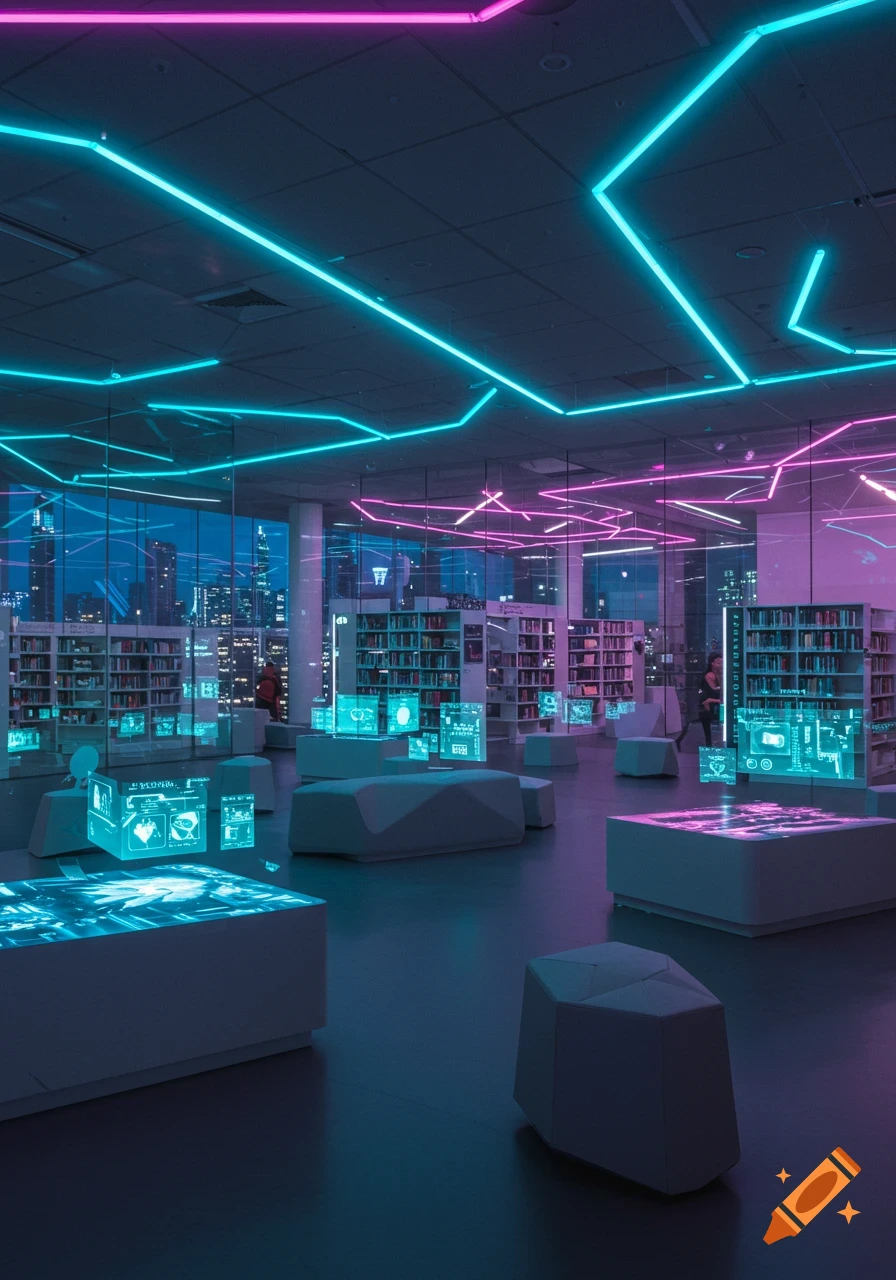 A futuristic school library with neon blue and pink lights, holographic ...