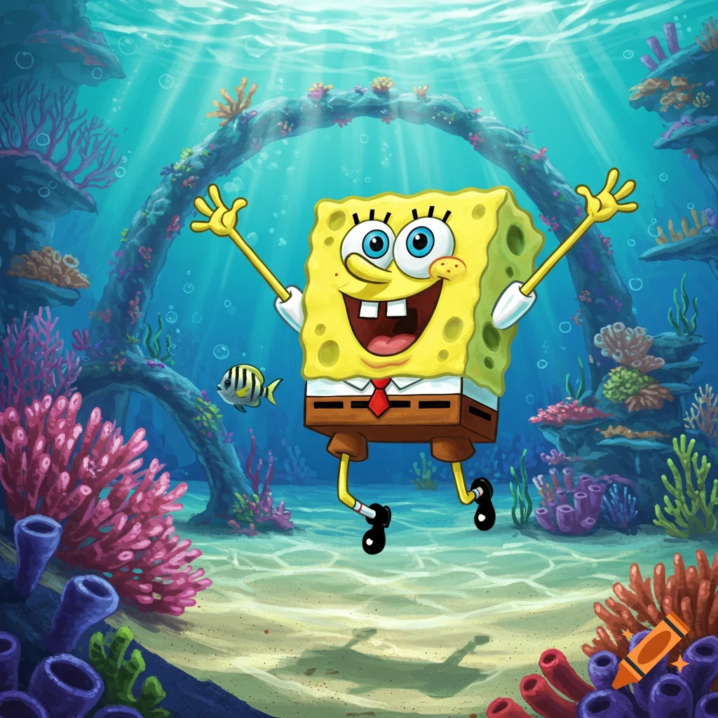 Spongebob Squarepants happily jumping in a vibrant underwater scene ...