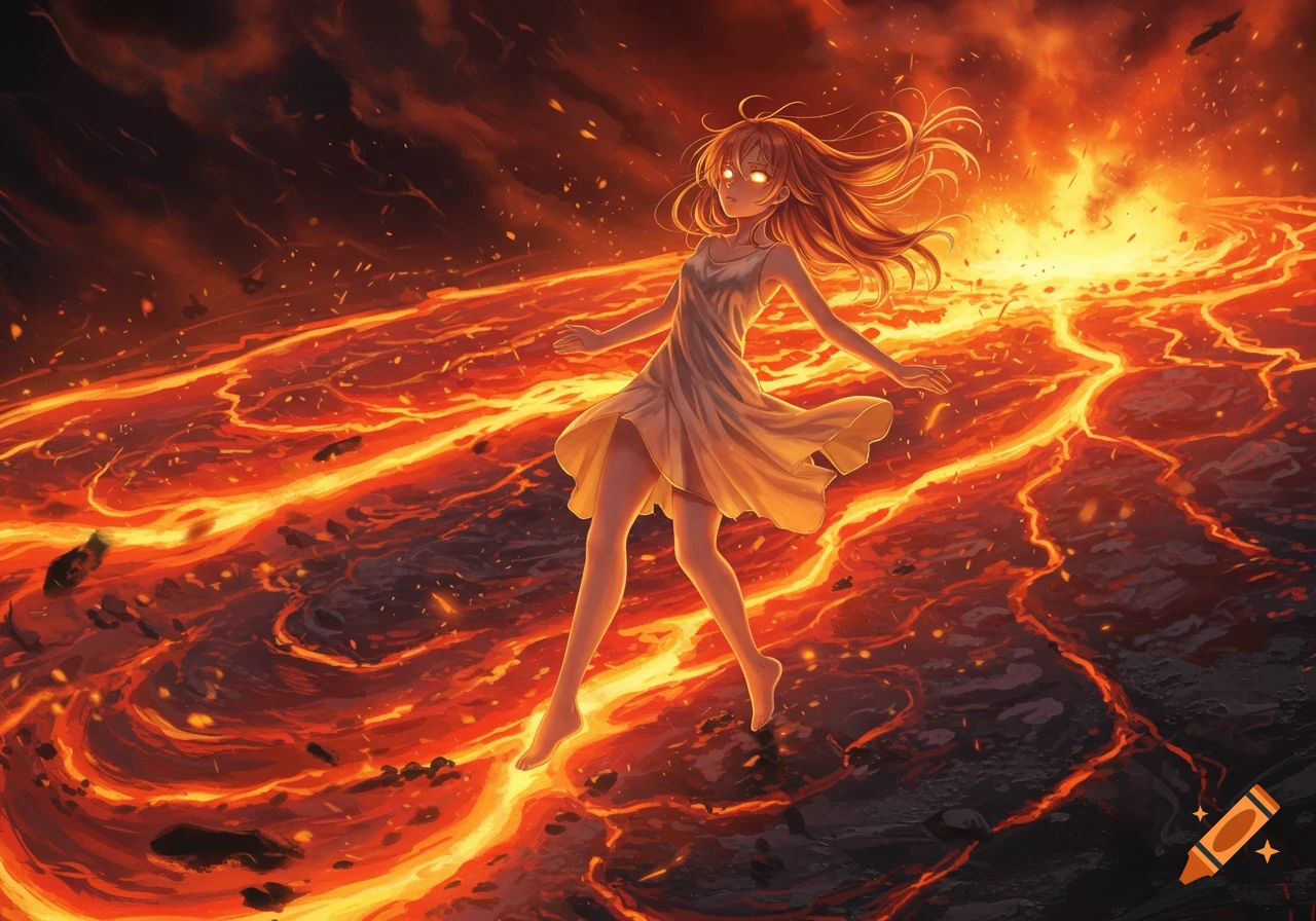 An anime girl with glowing eyes and flowing hair floats above a lake of ...