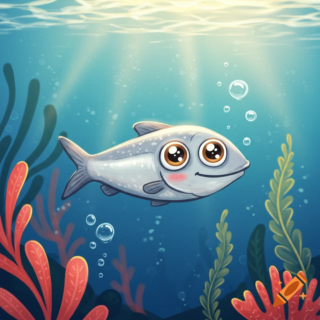 A cute, smiling cartoon fish with big eyes swims underwater among ...