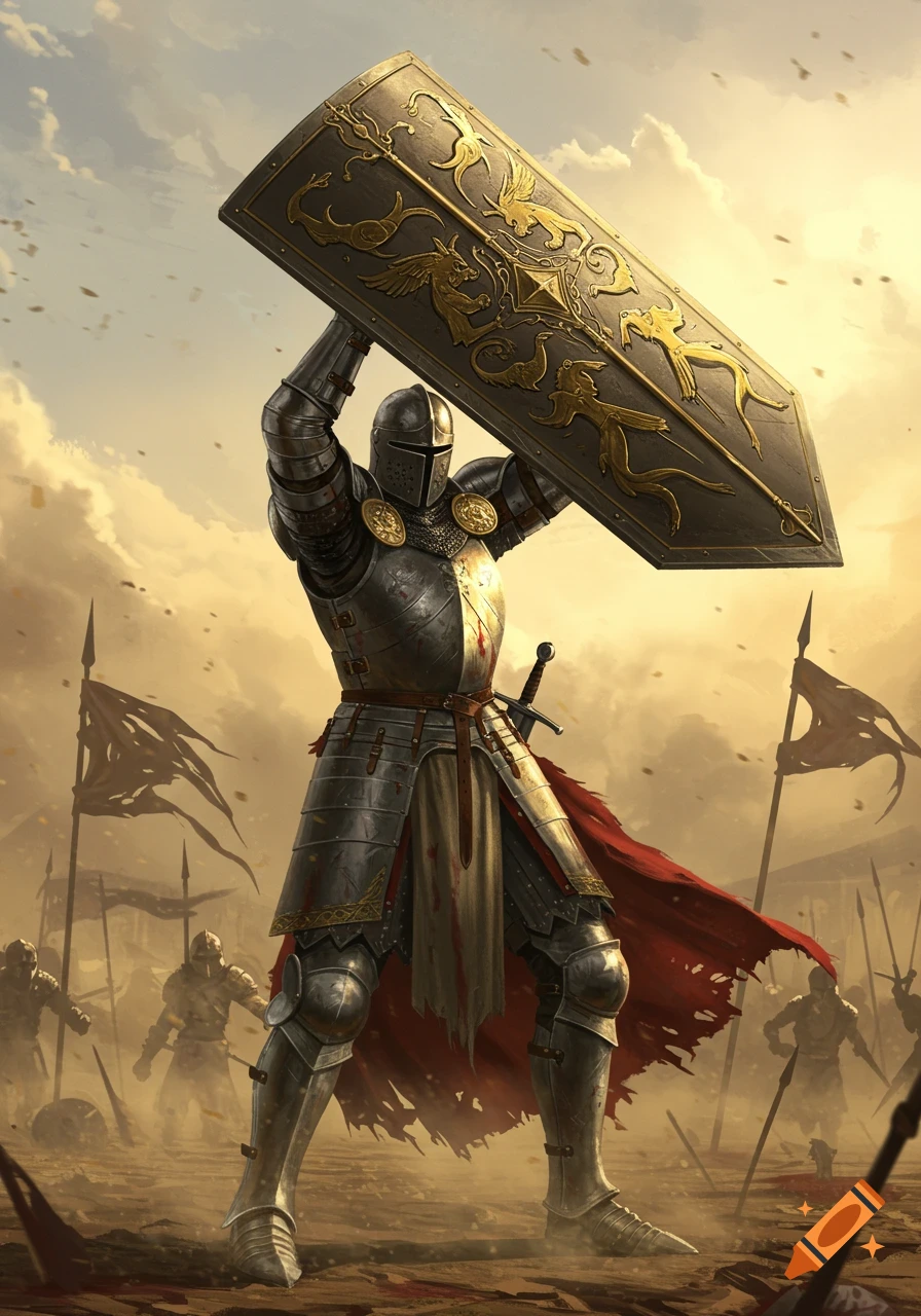 A fully armored knight raises a large, ornate shield overhead on a ...
