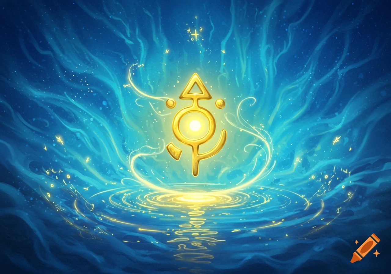 A glowing golden symbol with a circle and triangle hovers over rippling ...